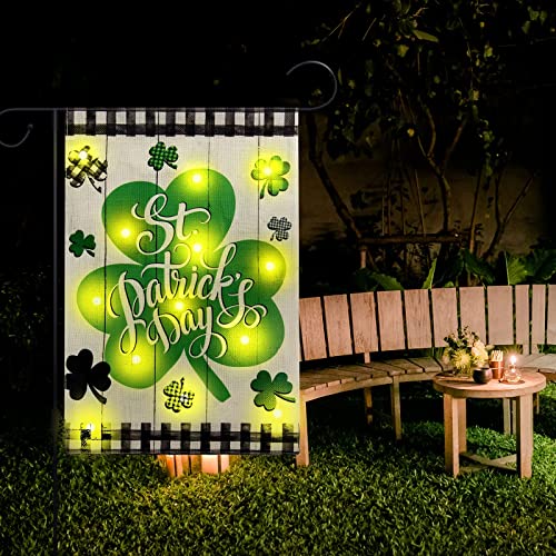 St Patricks Day Lighted Garden Flag 12x18 Double Sided Buffalo Check Plaid Durable Burlap Shamrock Garden Flag with Led Lights for Lawn Party St Patricks Day Outdoor Decorations (Style 1)