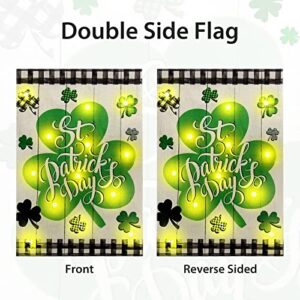 St Patricks Day Lighted Garden Flag 12x18 Double Sided Buffalo Check Plaid Durable Burlap Shamrock Garden Flag with Led Lights for Lawn Party St Patricks Day Outdoor Decorations (Style 1)