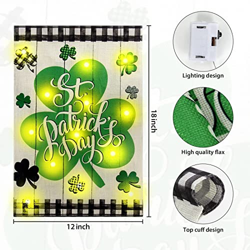 St Patricks Day Lighted Garden Flag 12x18 Double Sided Buffalo Check Plaid Durable Burlap Shamrock Garden Flag with Led Lights for Lawn Party St Patricks Day Outdoor Decorations (Style 1)