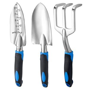 sinoer garden tool set, 3piece heavy duty cast-aluminum gardening hand tool includes hand trowel, transplant trowel and cultivator hand rake with soft rubberized non-slip ergonomic handle – blue