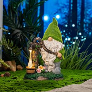 TERESA'S COLLECTIONS Garden Gnomes Decorations for Yard with Solar Lights, Large Cute Flocked Garden Sculptures & Statues Garden Gifts for Mom Front Porch Patio Outdoor Lawn Ornaments, 11.4"