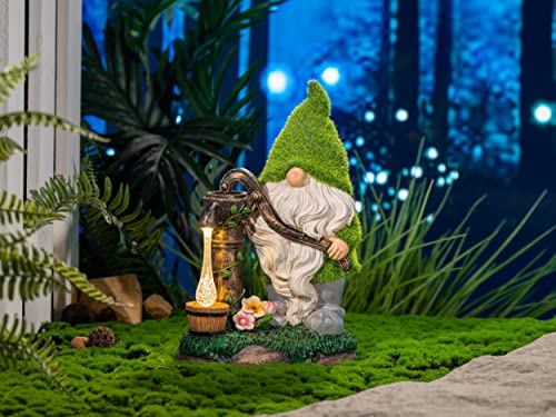 TERESA'S COLLECTIONS Garden Gnomes Decorations for Yard with Solar Lights, Large Cute Flocked Garden Sculptures & Statues Garden Gifts for Mom Front Porch Patio Outdoor Lawn Ornaments, 11.4"