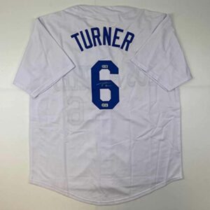 autographed/signed trea turner los angeles la white baseball jersey beckett bas coa