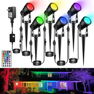 ecowho rgb low voltage outdoor led spotlight, 12v 65ft led spot light color changing landscape lighting with remote timer plug-in waterproof lights for yard,garden,pool,pathway decor(6 pack)