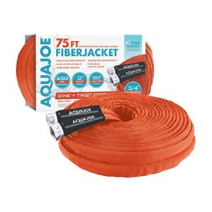 aqua joe ajfjh75-34-ctr kink-free contractor grade fiberjacket garden hose, 3/4-in max. water flow, 650-psi burst rating, bpa/phthalate, drinking safe, for garden, auto care, 75ft, orange