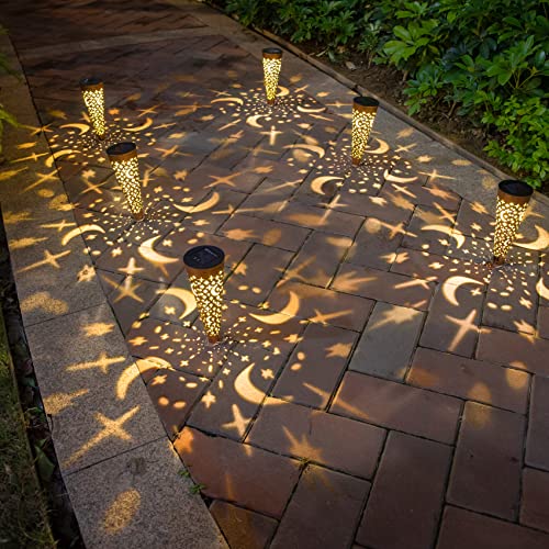 Go2garden Solar Garden Lights Outdoor Decorative Stake Lights Waterproof with Moon Star for Patio, Pathway, Backyard, Outside Decor, Lawn Ornaments (Copper, 6pack)