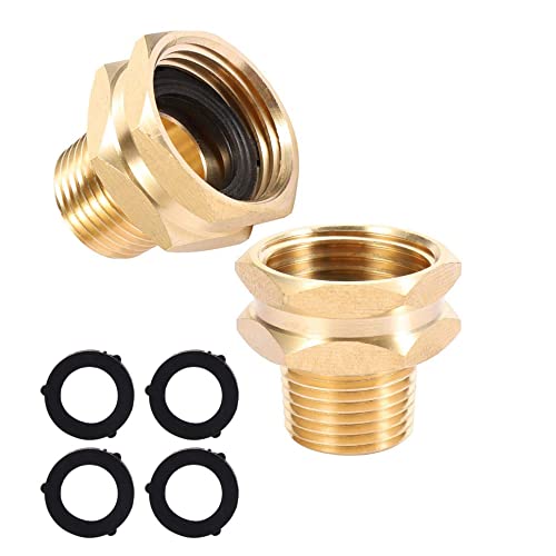 2 Pack of 3/4” GHT Female to 1/2” NPT Male Connector GHT to NPT Adapter Brass Fitting, Garden Hose Thread Metal Brass Adapters, Includes 4 Washers with 2 Extra Free