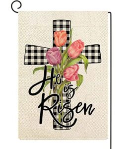 ortigia easter cross garden flag double sided buffalo plaid cross tulip flowers he is risen religious garden flag spring seasonal outdoor outside yard lawn decoration 12×18 inch