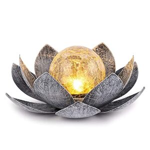 huaxu solar lights outdoor garden, crackle globe glass lotus decoration, waterproof led metal flower lights for patio,lawn,walkway,tabletop,ground