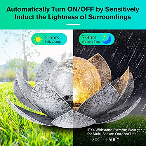 Huaxu Solar Lights Outdoor Garden, Crackle Globe Glass Lotus Decoration, Waterproof LED Metal Flower Lights for Patio,Lawn,Walkway,Tabletop,Ground