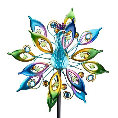 DREAMYSOUL 15.7" D*65”H Metal Peacock Wind Spinners Double Sided Kinetic Wind Sculptures Outdoor Metal Windmill for Garden Yard Decor