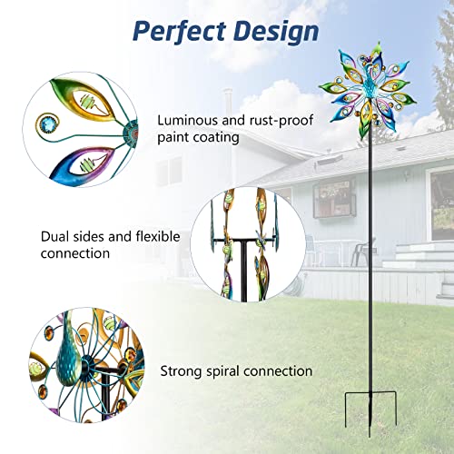 DREAMYSOUL 15.7" D*65”H Metal Peacock Wind Spinners Double Sided Kinetic Wind Sculptures Outdoor Metal Windmill for Garden Yard Decor