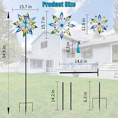 DREAMYSOUL 15.7" D*65”H Metal Peacock Wind Spinners Double Sided Kinetic Wind Sculptures Outdoor Metal Windmill for Garden Yard Decor