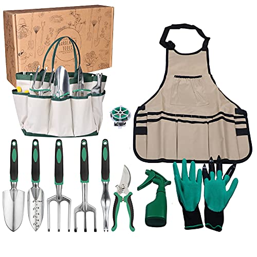 Garden Tools Set,Gardening Tools for Woman Man Gardening Kit 11 Pieces,Gardening Tools for Gardening Gifts,Heavy Duty Aluminum Hand Tool,Handle Gardening Planting Tool Set with Apron,Storage Tote Bag