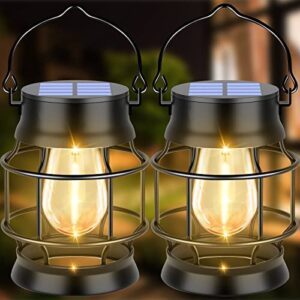 ubright solar lantern 2 pack solar outdoor lights metal hanging solar lights lanterns , solar lights outdoor waterproof retro design with edison bulb decorative for patio porch fence garden lawn