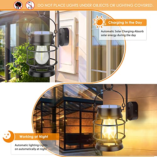 UBright Solar Lantern 2 Pack Solar Outdoor Lights Metal Hanging Solar Lights Lanterns , Solar Lights Outdoor Waterproof Retro Design with Edison Bulb Decorative for Patio Porch Fence Garden Lawn