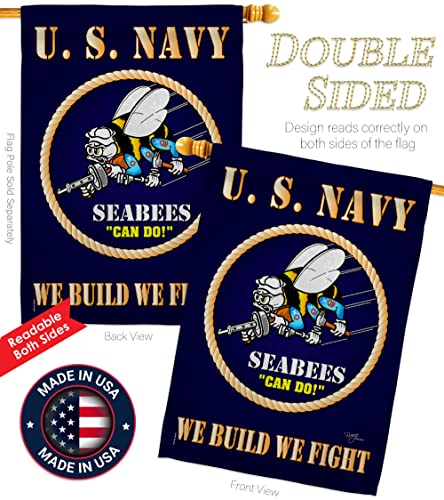 Breeze Decor Sea Bees House Flag Armed Forces Navy USN Seabee United State American Military Veteran Retire Official Decoration Banner Small Garden Yard Gift Double-Sided, 28" x 40", Made in USA