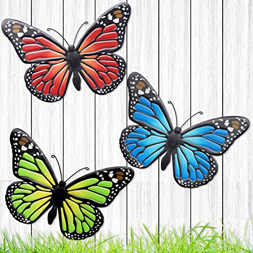 Daogtc Metal Butterfly Wall Art Decor-9.8 inches Butterfly Hanging Decoration for outdoor indoor, Decorate Home Garden Farmhouse Yard Patio Fence Living Room Bedroom(3Pcs)