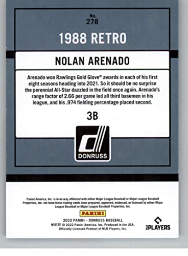 2022 Donruss #278 Nolan Arenado St. Louis Cardinals Retro 1988 Official MLB PA Baseball Card in Raw (NM or Better) Condition