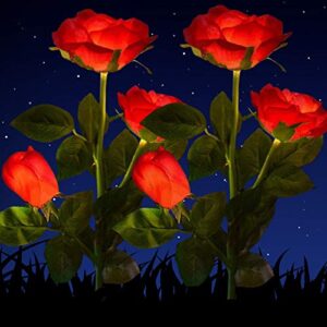 helesin solar rose lights outdoor solar garden stake lights, 2 pcs solar flowers lights outdoor garden, waterproof led roses flowers lights yard decorations outdoor color changing (red)