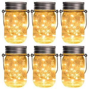 gigalumi hanging solar mason jar lights, 6 pack 30 led string fairy lights hanging solar lanterns outdoor waterproof, hangers and jars included, outdoor decor for garden, patio, yard, porch, wedding