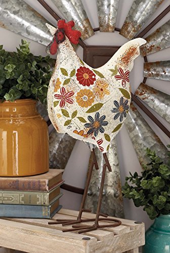 Deco 79 Metal Rooster Indoor Outdoor Distressed Standing Garden Sculpture with U Shaped Feet, 10" x 5" x 17", Cream