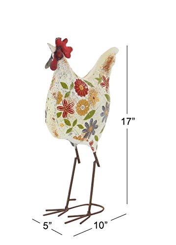 Deco 79 Metal Rooster Indoor Outdoor Distressed Standing Garden Sculpture with U Shaped Feet, 10" x 5" x 17", Cream