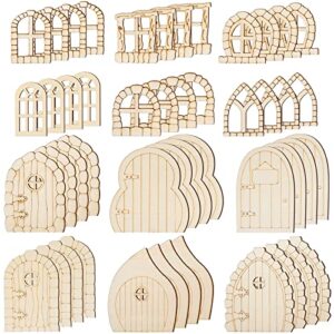 yulejo 48 pcs fairy door wooden garden doors craft mini window fairy house diy kit unfinished miniature door unpainted fairy window accessories for wall home party decoration (antique style)