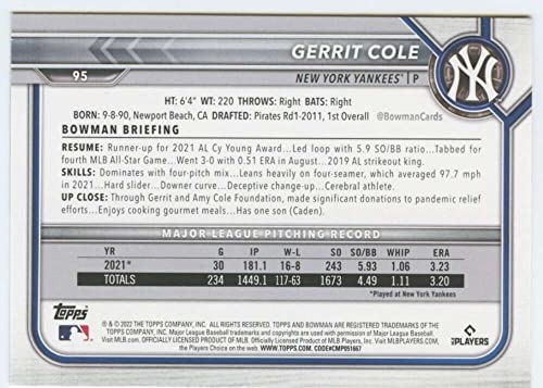 2022 Bowman #95 Gerrit Cole New York Yankees Baseball