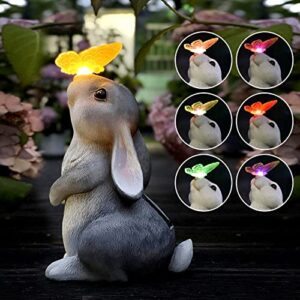 aoliy garden outdoor decor-rabbit in with solar butterfly light garden statues outsides decorations for bunny lovers gardeners family with pets,ornament gift for patio yard lawn porch.(color change)