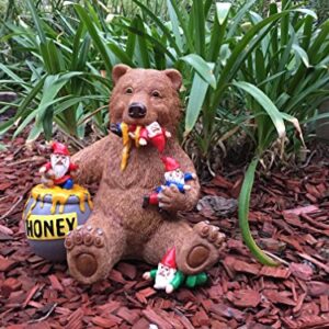 GlitZGlam Miniature Bear and Gnomes with Honey - A Garden Gnome Statue for Your Fairy Garden