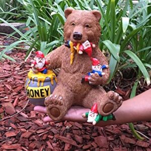 GlitZGlam Miniature Bear and Gnomes with Honey - A Garden Gnome Statue for Your Fairy Garden