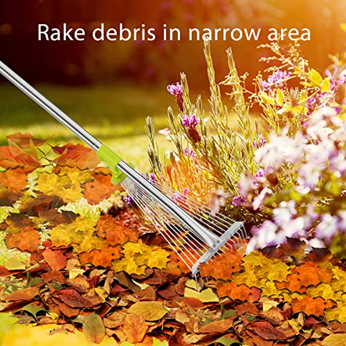 Adjustable Garden Leaf Rake 5.5ft, Collapsible Metal Yard Rake for Leaves with Expandable Head 7-16", Collect Loose Debris for Lawns Camping Shrubs and Rose Bushes Heavy Duty