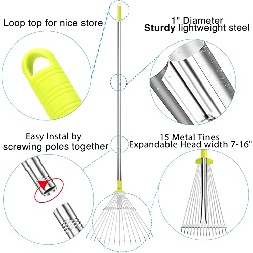 Adjustable Garden Leaf Rake 5.5ft, Collapsible Metal Yard Rake for Leaves with Expandable Head 7-16", Collect Loose Debris for Lawns Camping Shrubs and Rose Bushes Heavy Duty