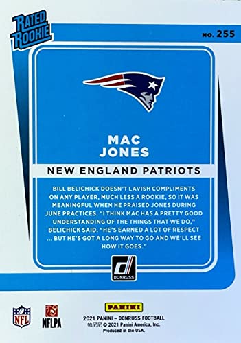 Mac Jones 2021 Donruss Mint Rated Rookie Card #255 picturing this First Round Pick in his Blue New England Patriots Jersey