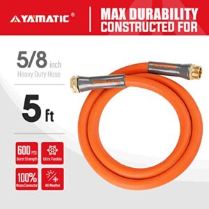 YAMATIC Female to Female Short Garden Hose 5/8 in x 5 ft, 2 in 1 Dual Use Heavy Duty Leader Hose with Solid Brass Connector, All-Weather Water Hose, Burst 600 PSI