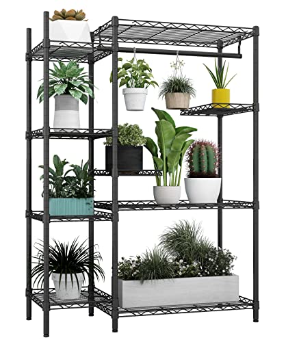 Xiofio Plant Stands for Indoor Plantsd Outdoor Plant Shelf, 4 Tier More Than 14 Pots Flower Pots Holder Storage Shelf Flower Stands With hanger rod for Living Room Balcony and Garden,Black