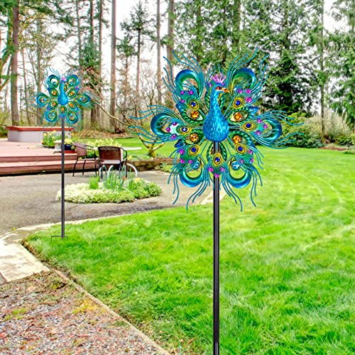 DREAMSOUL Peacock Wind Spinner 60" Double Wind Sculpture Spinner Outdoor Metal Stake Yard Spinners Garden Decorative Kinetic Wind Catcher Windmills for Patio Yard Lawn Garden Decor