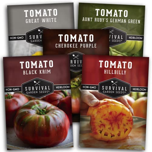 Survival Garden Seeds Colorful Tomato Collection - Black Krim, Great White, Aunt Ruby’s German Green, Hillbilly, & Cherokee Purple Tomato Packets - 5 Delicious Non-GMO Heirloom Varieties