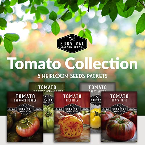 Survival Garden Seeds Colorful Tomato Collection - Black Krim, Great White, Aunt Ruby’s German Green, Hillbilly, & Cherokee Purple Tomato Packets - 5 Delicious Non-GMO Heirloom Varieties