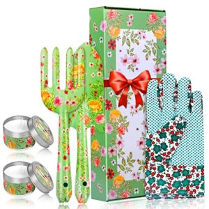 merturn garden tool set,6pcs heavy duty aluminum gardening tools kit include garden gloves,rake, shovel,candles, gardening gifts box for women men gardener with floral pattern