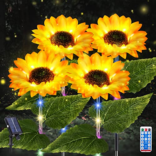 Solar Sunflower Lights Outdoor Garden Decorations, 4 in 1 Solar Flower Lights with Remote, 8 Shinning Modes 4 Brightness Level IP65 Waterproof Auto On/Off Led Garden Stake Lights for Yard Lawn Patio