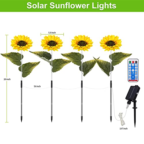 Solar Sunflower Lights Outdoor Garden Decorations, 4 in 1 Solar Flower Lights with Remote, 8 Shinning Modes 4 Brightness Level IP65 Waterproof Auto On/Off Led Garden Stake Lights for Yard Lawn Patio