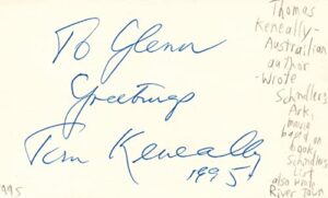 thomas keneally australian author shindler autographed signed index card jsa coa