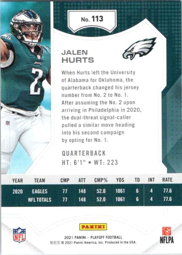 JALEN HURTS 2021 Panini Playoff #113 NM+-MT+ NFL Football Eagles