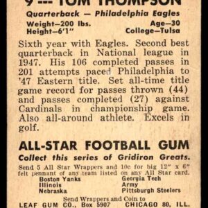 1948 Leaf # 9 YEL Tommy Thompson Philadelphia Eagles (Football Card) (Yellow Jersey Number) GOOD Eagles