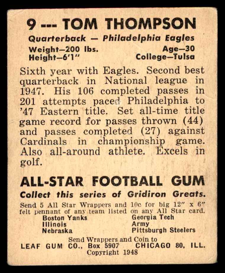 1948 Leaf # 9 YEL Tommy Thompson Philadelphia Eagles (Football Card) (Yellow Jersey Number) GOOD Eagles