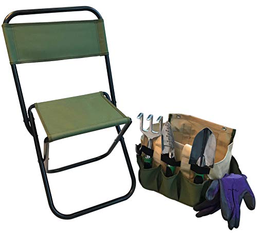 Garden Tool Set Organizer | Garden Seat Folding Stool Gardening Chair Kneeler with Backing | Gardener Bag | Gardening Tools Set | Top Gardening Gifts for Mom and Dad Includes Aluminum Tools