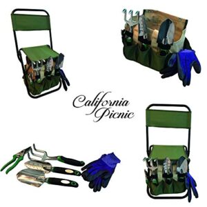 Garden Tool Set Organizer | Garden Seat Folding Stool Gardening Chair Kneeler with Backing | Gardener Bag | Gardening Tools Set | Top Gardening Gifts for Mom and Dad Includes Aluminum Tools