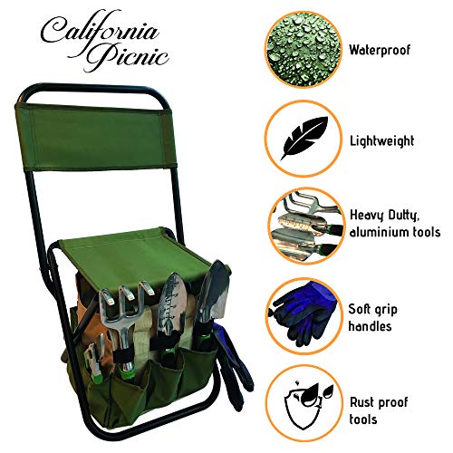 Garden Tool Set Organizer | Garden Seat Folding Stool Gardening Chair Kneeler with Backing | Gardener Bag | Gardening Tools Set | Top Gardening Gifts for Mom and Dad Includes Aluminum Tools